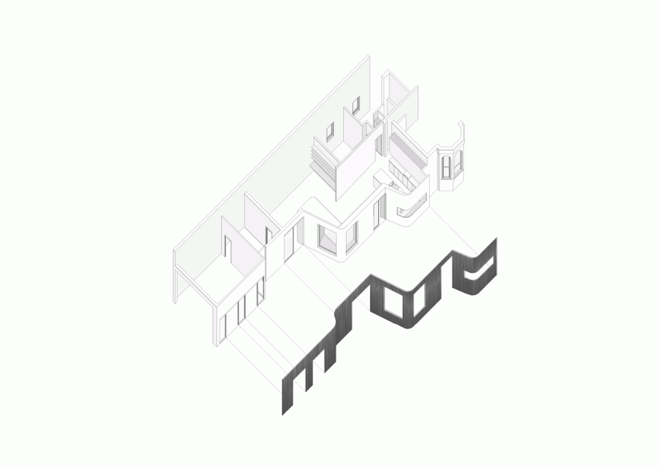 At Merton House a Curving Dark Timber Wall Creates the New Home's Edge